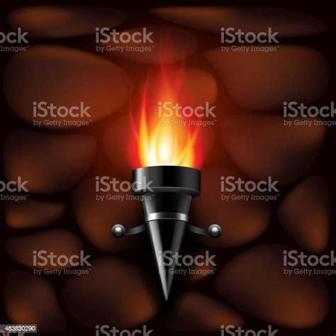 Fire Torch On Stone Wall Vector Background向量圖形及更多中古時代圖片 中古時代 火 火炬