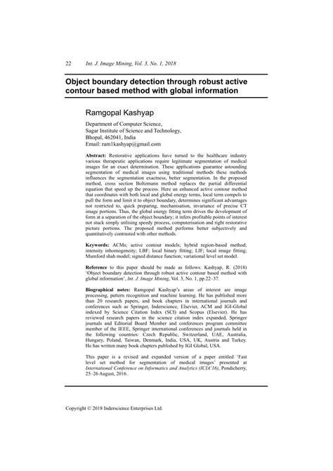 Pdf Object Boundary Detection Through Robust Active Contour Based Method With Global Information