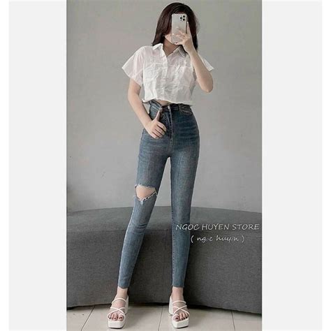 Quần Jean Nữ Dáng Ôm Cạp Cao Rách Gối Quần Bò Nữ Lưng Cao Siêu Hách Dáng Có Bigsize MixASale