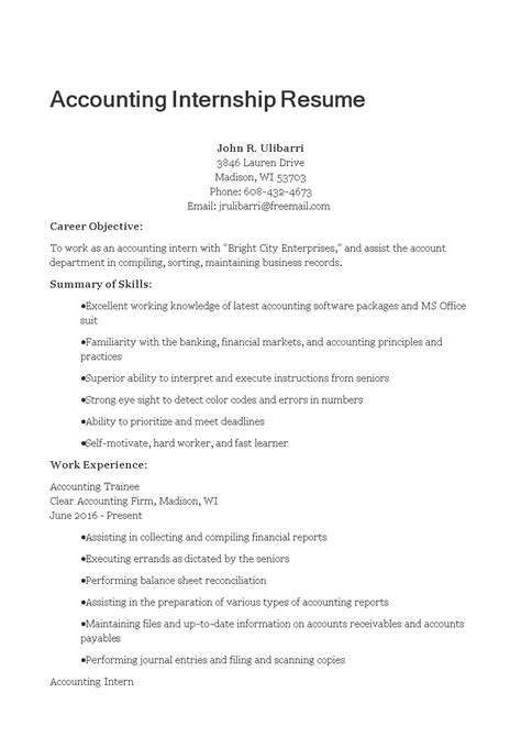 Internship Accounting Resume Sample Templates At