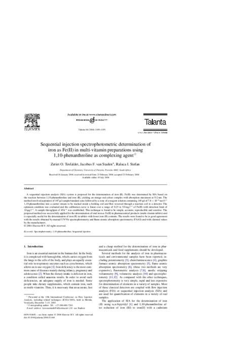 Pdf Sequential Injection Spectrophotometric Determination Of