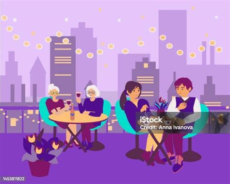 두 명의 노파와 젊은 부부가 밤에 옥상 카페나 레스토랑 테이블에 앉아 서로 이야기하고 와인을 마신다 도시 풍경 배경입니다 만화