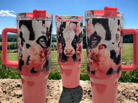 40oz Stanley Style Thirst Quencher Tumblers Pink Cows Cow 7