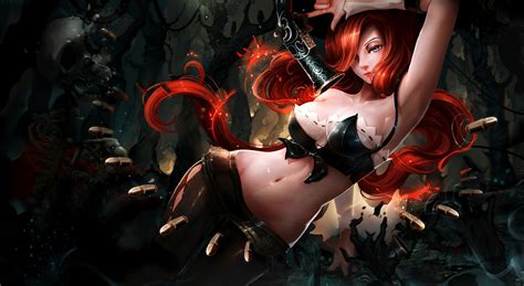 배경 화면 총 빨간 머리 긴 머리 애니메이션 소녀들 녹색 눈 리그 오브 레전드 무기 악마 열린 셔츠 지형도