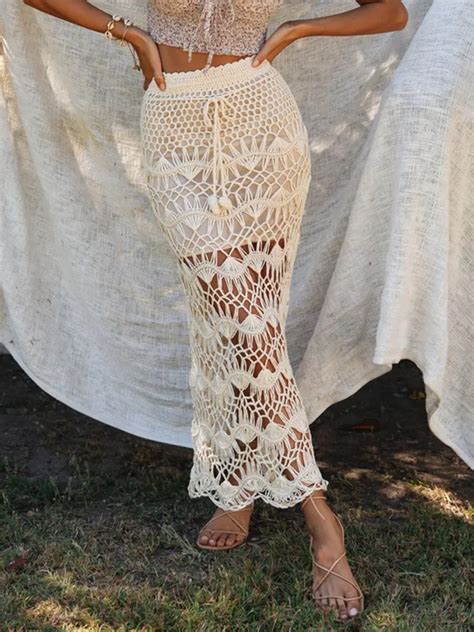 Aproms Bohemia Crochet Kintted Long Maxi Skirt Women Vintage Cotton