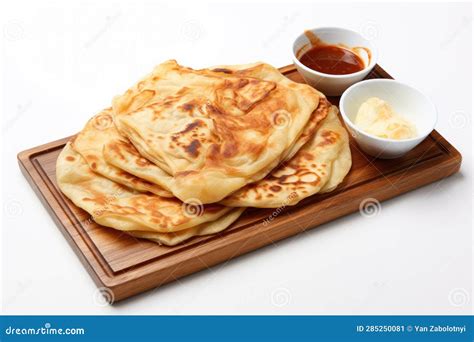 Top View Roti Canai On A Wooden Boardon White Background Stock