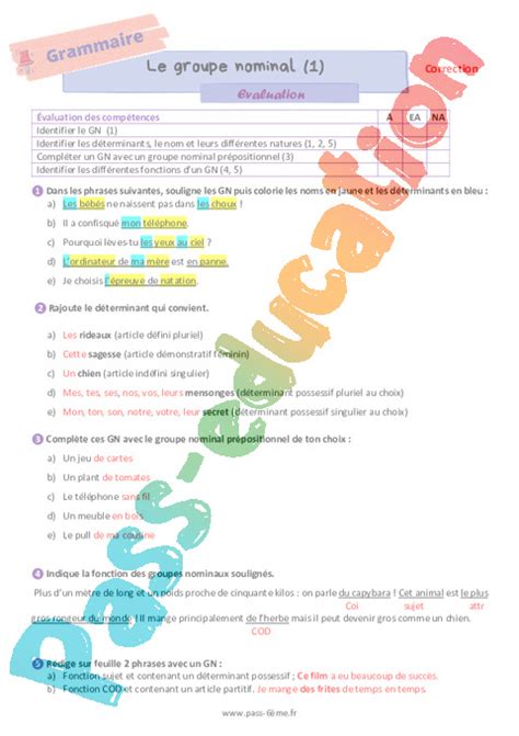 Le Groupe Nominal Evaluation De Grammaire Pour La 6ème Cycle 3