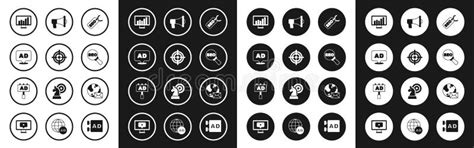 Set Seo Optimization Target Advertising Monitor With Graph Chart Megaphone Earth Globe Mail