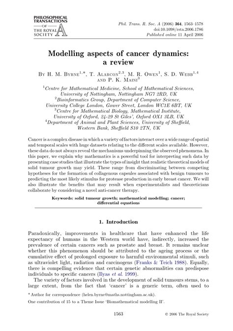 Pdf Modelling Aspects Of Cancer Dynamics A Review