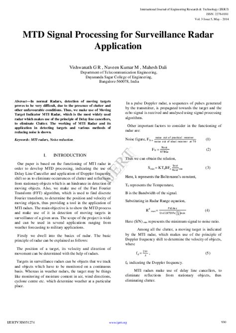 pdf ijert mtd signal processing for surveillance radar application