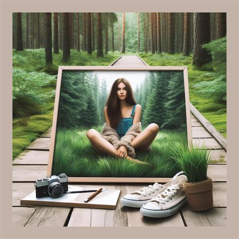 Woman Sitting On Grass In A Forest With A Picture On Her Legs Canvas