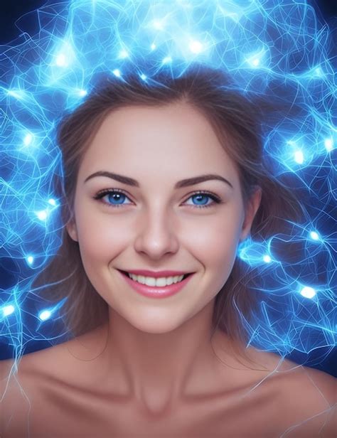 Premium Ai Image Woman Smiling Portrait With Blue Lights Visual Effects