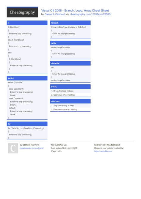 Visual C 2008 Branch Loop Array Cheat Sheet By Calment Download Free From Cheatography