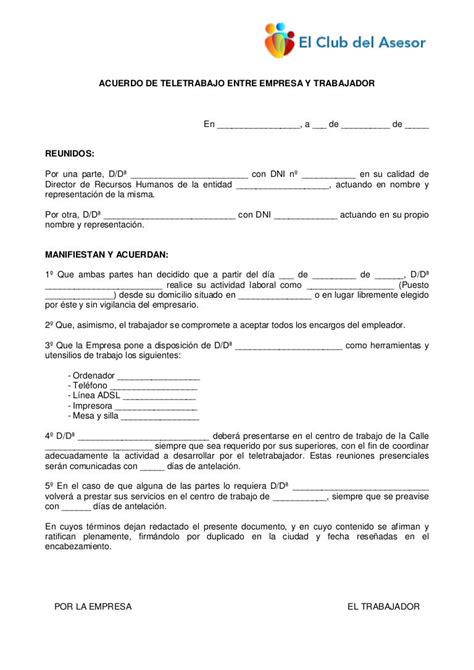 Modelo De Acuerdo De Teletrabajo Entre Empresa Y Trab