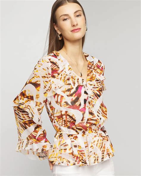 Long Sleeve V Neck Chiffon Ruffle Blouse White House Black Market