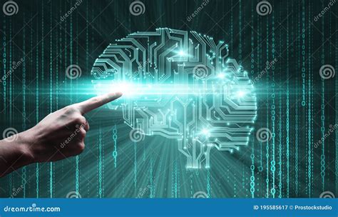 Human Hand Touching Digital Brain In Circuit Style Over Binary Code