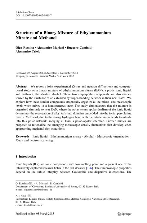 Pdf Structure Of A Binary Mixture Of Ethylammonium Nitrate And Methanol