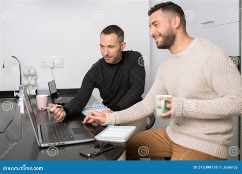 Casal Gay Trabalhando Juntos Em Casa Seus Laptops Foto De Stock