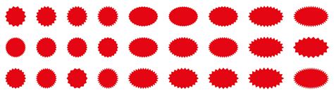 Starburst 빨간색 스티커 세트 흰색 배경에 격리된 라운드 및 타원형 선버스트 레이블 및 버튼 특별 행사 판매 컬렉션 프로모션 광고를 위한 별 가장자리가 있는 스티커