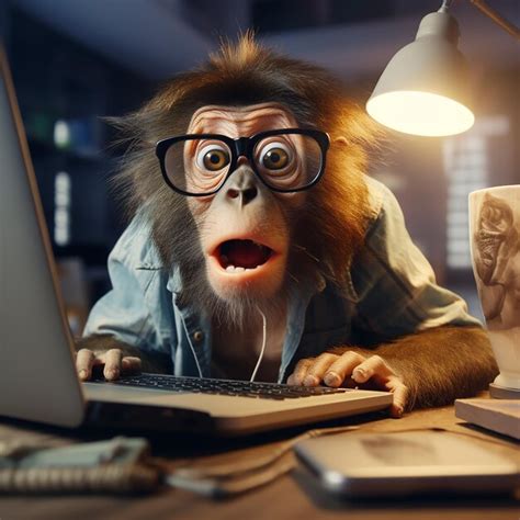 Macaco Antropomórfico Renderizado Em 3d Trabalhando Em Laptop Olhar Assustado Com A Boca Aberta