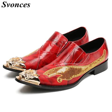Svonces Luxury Brand Men Shoes Genuine Leather Oxfords Sequins Red