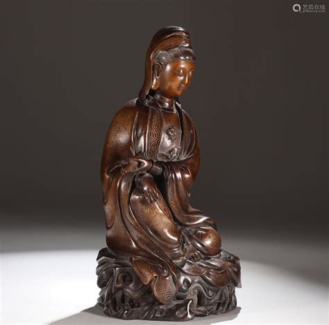 旧藏石叟款精铸铜胎错银丝自在观音坐像－【deal Price Picture】