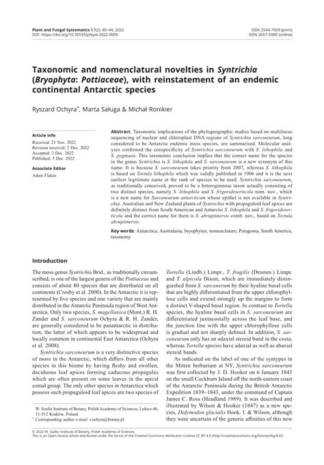 PDF Taxonomic And Nomenclatural Novelties In Syntrichia Bryophyta