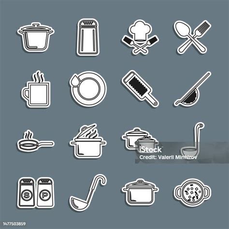 세트 라인 냄비에 수프 요리 주방 국자 소쿠리 요리사 모자 포크 설거지 커피 컵 강판 아이콘 벡터 강철에 대한 스톡 벡터 아트 및 기타 이미지 Istock