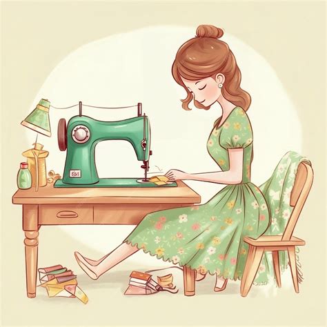Premium Photo A Drawing Of A Woman Sewing On A Sewing Machine