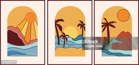 바다와 야자수가 있는 빈티지 석양 최소 배경을 설정합니다 아침에 일출 아이콘과 기호 포스터 엽서 로고에 적합합니다 벡터 그림 0명에 대한 스톡 벡터 아트 및 기타 이미지