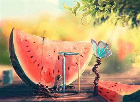 Red Art Luminos Fruit Fantasy Butterfly Girl Watermelon Summer