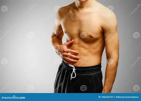 The Guy With No Shirt Holding Hand Of The Patient Side Stomach Stock