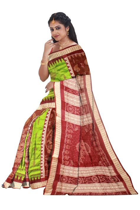 Sambalpuri Bomkei Pata Saree In Maroon And Green Color In Botty Design