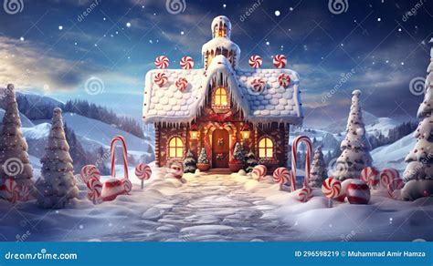 A Gingerbread House With Candy Cane Pillars Gumdrop Stock Illustration