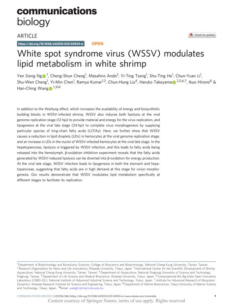 Pdf White Spot Syndrome Virus Wssv Modulates Lipid Metabolism In