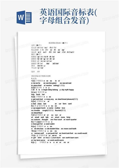 英语国际音标表 字母组合发音 Word模板下载 编号lydpmppv 熊猫办公