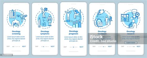 개념과 종양학 온보딩 모바일 앱 페이지 페이지 화면 암 증상 및 예후 질병 치료 연습 5 단계 그래픽 지침 Rgb 색상 일러스트레이션이 있는 Ui 벡터 템플릿 0명에 대한