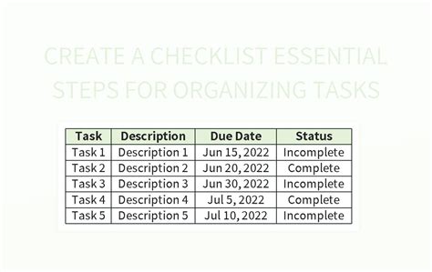 create a checklist essential steps for organizing tasks excel template