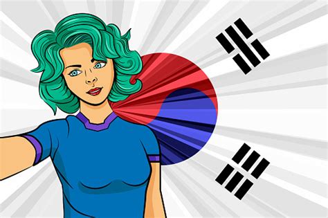 팝 아트 유니콘 컬러 머리 스타일으로 소녀입니다 젊은 팬 소녀 게 대한민국의 국기 하기 전에 Selfie 벡터 스포츠 일러스트