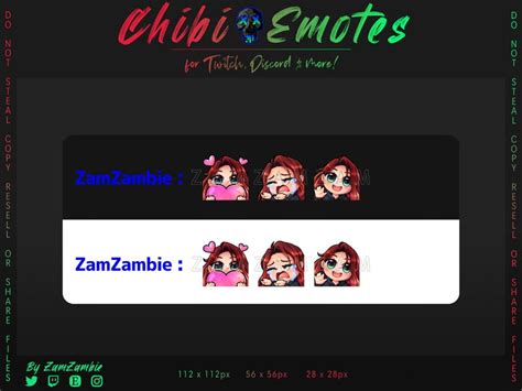3 X Cute Chibi Girl Emotes Red Hair Green Eyes Black Hoodie Twitch