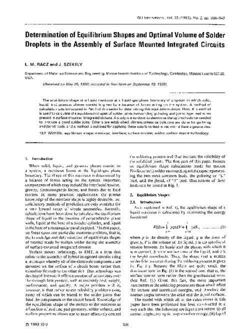 Pdf Determination Of Equilibrium Shapes And Optimal Volume Of Solder Droplets In The Assembly