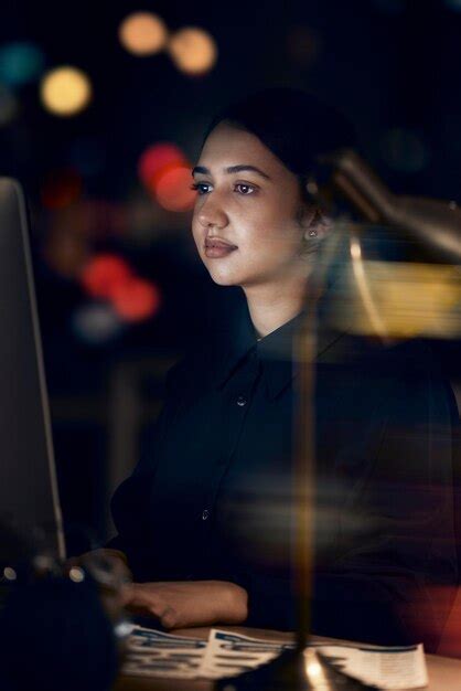 Premium Photo Woman Night Office And Working At Computer For Seo