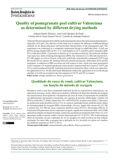 Pdf Quality Of Pomegranate Peel Cultivar Valenciana As Determined By Different Drying Methods