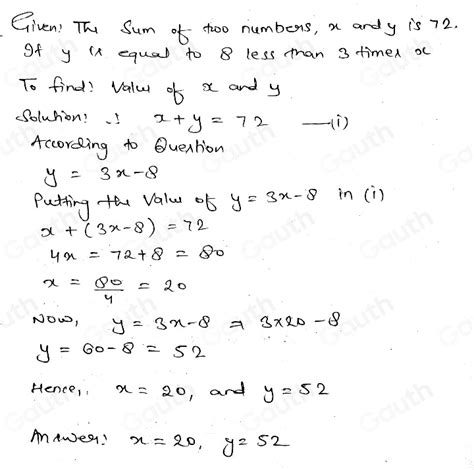solved the sum of two numbers x and y is 72 if y is equal to 8 less
