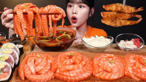 Sub더운날 시원한 연어국수 먹방🧡 바삭한 새우튀김에 후토마끼까지 꿀조합 리얼사운드 Salmon Noodles Mukbang Asmr Youtube