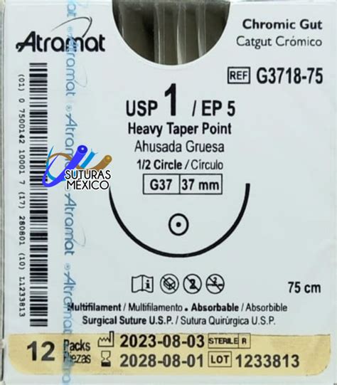 Catgut Cromico 1 Aguja Ahusada Gruesa De 37 Mm Hebra 75 Cms Marca