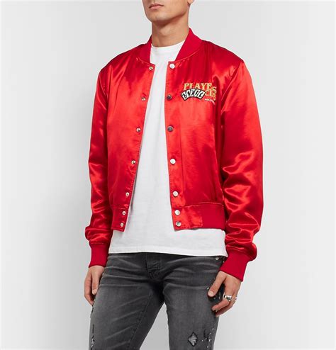 Amiri Leather Appliquéd Satin Bomber Jacket Red Amiri