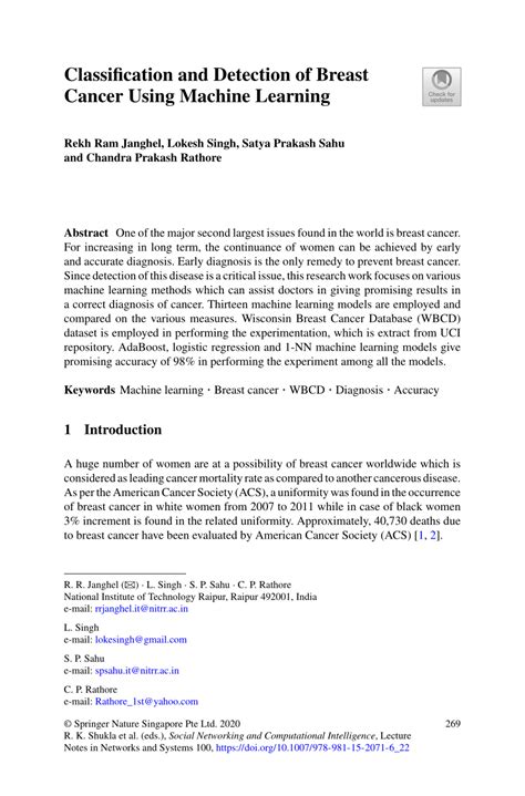 Pdf Classification And Detection Of Breast Cancer Using Machine Learning