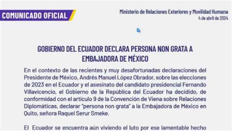Gobierno De Ecuador Declara Persona Non Grata A Embajadora De México