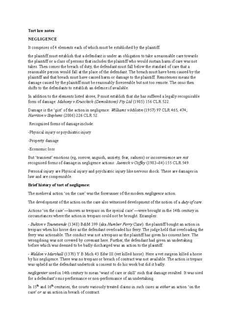 Tort Law Notes Summary Torts Tort Law Notes NEGLIGENCE It Comprises Of Elements Each Of
